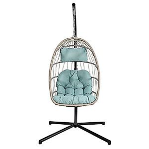 Patiorama Indoor Outdoor Egg Swing Chair with Stand, Patio Beige Wicker Rattan Hanging Chair with Rope Back, Cushion,Cover,All Weather Foldable Hammock Chair for Bedroom, Garden (Tiffany Blue)