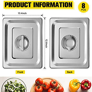 8 Pack Steam Table Pan Lids Solid Hotel Pan Covers Bulk 304 Stainless Steel Roasting Food Tray Lids with Handle for Restaurant Buffet Catering (12.8 x 10.4 Inch, 1/2 Half Size)