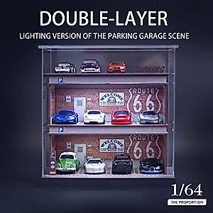 SIKIVOT Double Deck Garage Display Case， 1/64 Scale Parking Lot Model Car， Die-cast Car Garage Display Case，12 Parking Space with LED Light and Acrylic Cover (7642 Red Brick Wall)