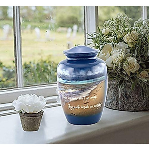 Footprints Urn, Footprints Cremation Urn for Ashes, Hand Painted Adult Beach Urn, Handmade Beach Cremation Urn with Velvet Bag (Large)