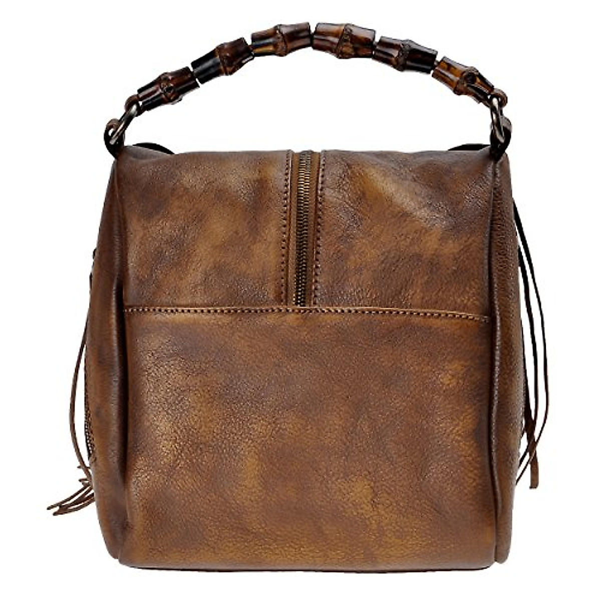 ZLYC Women's Leather Bamboo Hand Strap Featured Fringe Bohemian Tassel Studed Cross Body Bag (Brown)