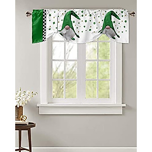 Tie-Up Valance Curtains for Window - St. Patrick's Day Cute Gnome Elves Shamrock Clover Gold Coin Black White Plaid Kitchen Valance - Light Filtering Valance Short Curtains with Adjustable Tie 54x18In