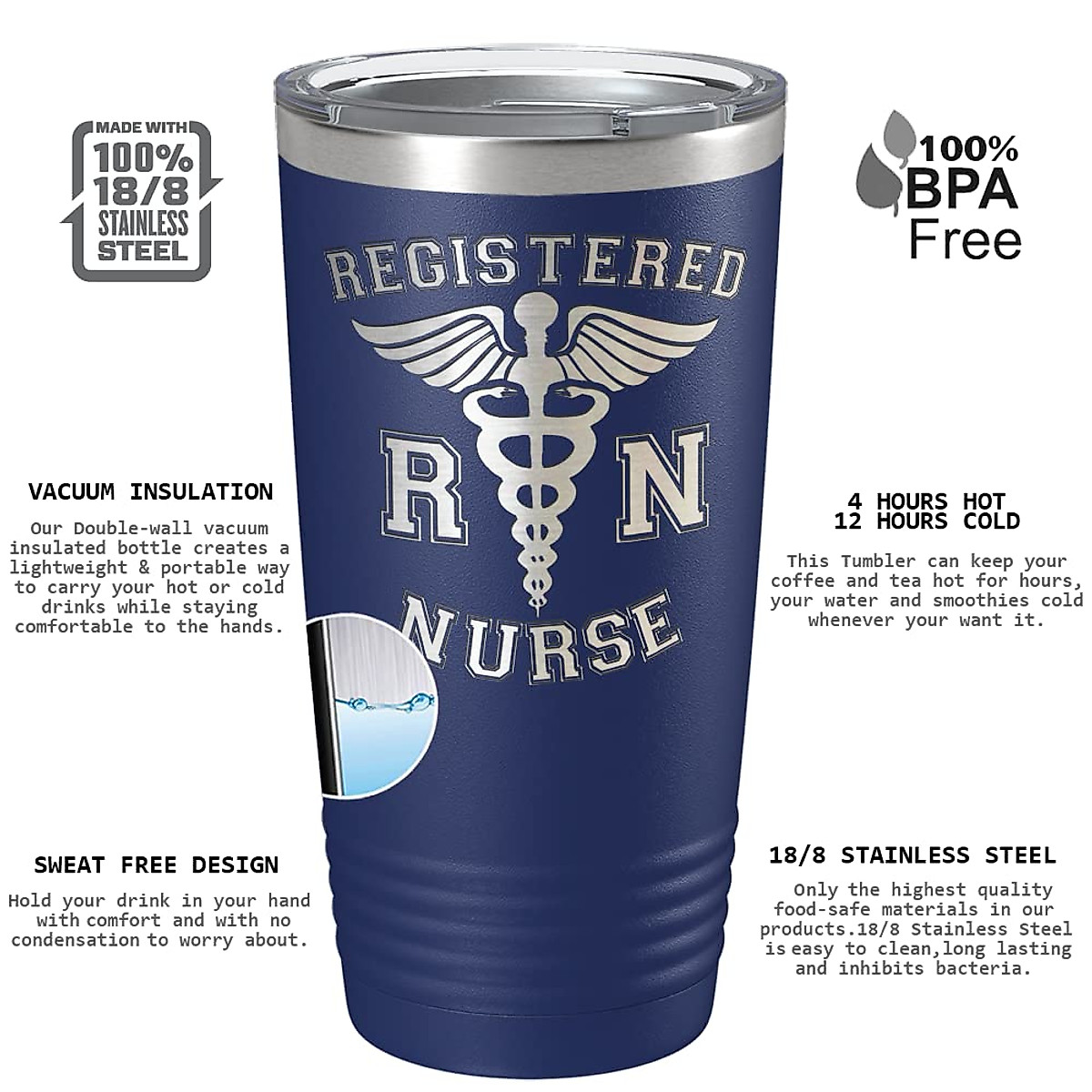 RN Registered Nurse Gift, Nursing School on Navy Blue 20 oz Stainless Steel Tumbler with Lid - Insulated Cup - Travel Mug