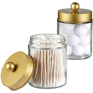 Amolliar Apothecary Jars Bathroom Storage Organizer -Countertop Storage Organizer Canister Jar - Cute Qtip Dispenser Holder Glass with Lid- for Cotton Swabs,Bath Salts,Hair Band / 2-Pack(Gold)