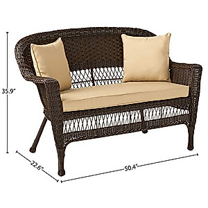 Jeco Wicker Patio Love Seat and Coffee Table Set with Tan Cushion, Espresso