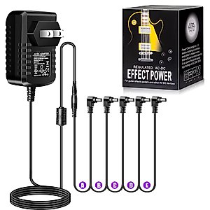 Pigtone Guitar Pedal Power Supply Adapter 9V DC 1A(1000mA) Tip Negative 5 Way Daisy Chain Cables for Effect Pedal