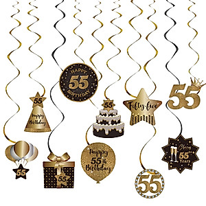 Happy 55th Birthday Party Hanging Swirls Streams Ceiling Decorations, Celebration 55 Foil Hanging Swirls with Cutouts for 55 Years Old Black and Gold Birthday Party Decorations Supplies
