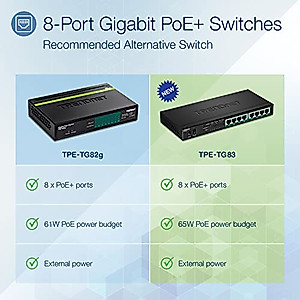 TRENDnet 8-Port Gigabit PoE+ Switch, 65W PoE Power Budget, 16Gbps Switching Capacity, IEEE 802.1p QoS, DSCP Pass-Through Support, Fanless, Wall Mountable, Lifetime Protection, Black, TPE-TG83