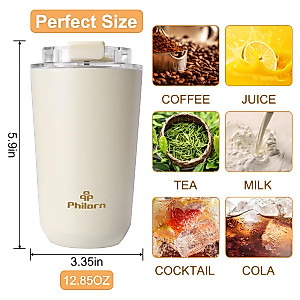 PHILORN Travel Coffee Mug, Coffee Cup-12 OZ Insulated Coffee Mug With Lid, White Stainless Steel Coffee Mug with Double Wall, Thermal Cup for Hot & Cold Drinks…