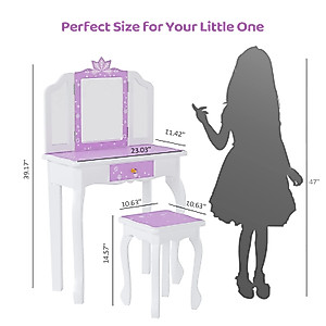 JOYMOR Kids Vanity Set, Wooden Princess Makeup Table with Stool, Tri-Folding Mirror, Large Drawer, Solid Wooden Legs Pretend Beauty Make Up Dressing Play Set for Girls Best Gift (Purple)