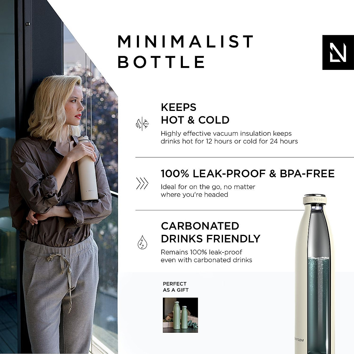 LARS NYSØM Stainless Steel Insulated Water Bottle 12oz 17oz 25oz 34oz 51oz | Insulated Thermo Flask for Hot and Cold Beverages | Leakproof Drinking Bottle (Almond Beige, 1000ml)