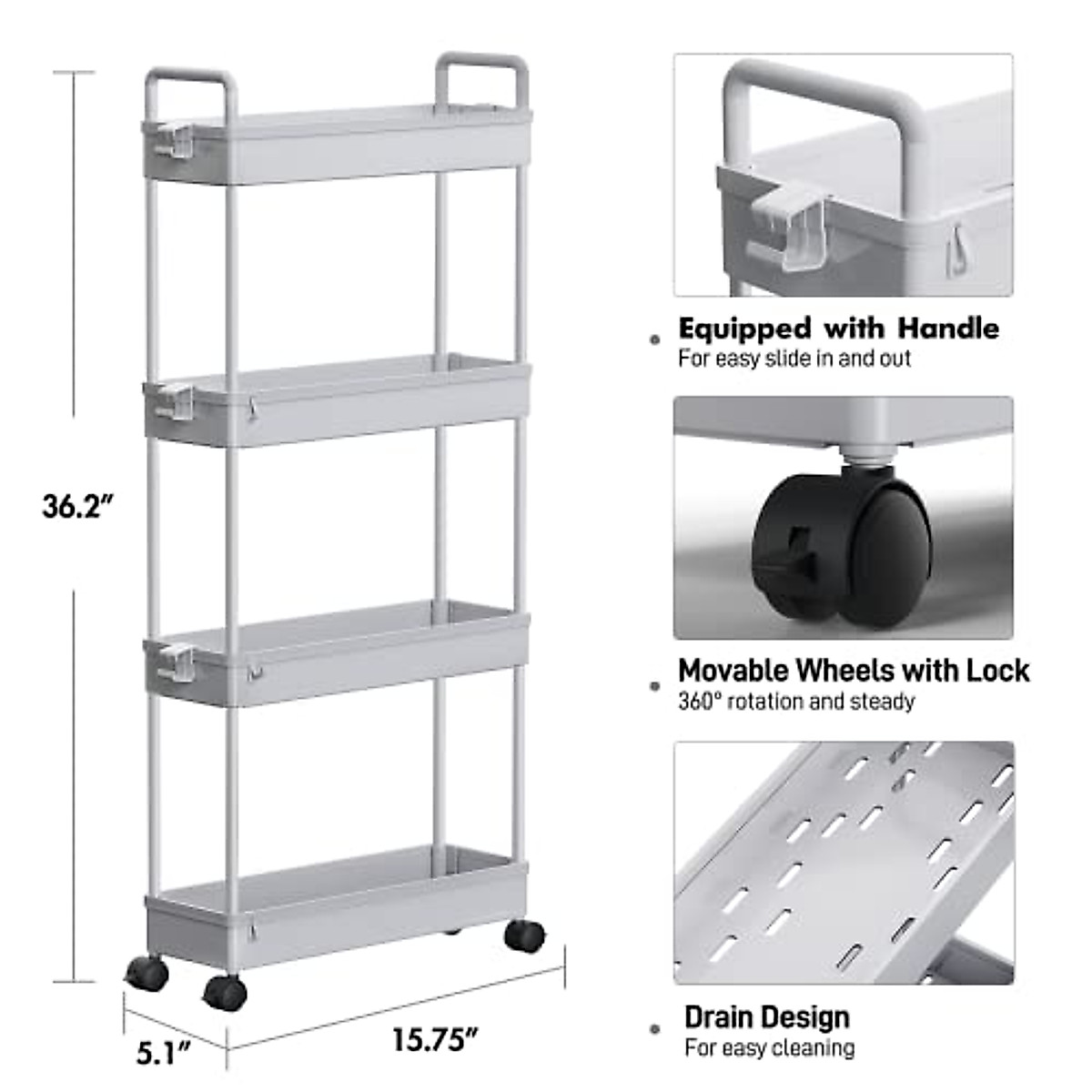 SOLEJAZZ Slim Storage Cart, 4 Tier Bathroom Organizer Mobile Shelving Unit, Rolling Utility Cart Slide Out Organizer for Kitchen, Bathroom, Laundry, Narrow Places, Gray