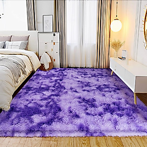 Tie-Dyed Purple Shaggy Rugs Fluffy Carpets, Indoor Modern Plush Area Rugs for Living Room, Upgrade Anti-Skid Area Rug, Rectangular 4x6 Feet Fuzzy Rug for Nursery Home Decor