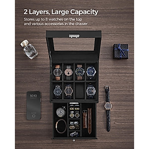 SONGMICS 8-Slot Watch Box, Lockable Watch Case with Glass Lid, 2 Layers, with 1 Drawer for Rings, Bracelets, Gift Idea, Black Synthetic Leather, Black Lining UJWB080B01