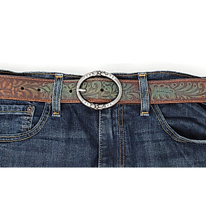 Distress Embossed Brown and Teal Leather Belt with Rhinestone Ring Buckle (M)