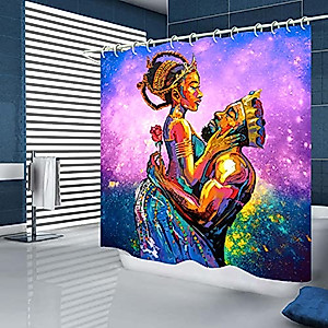 Traditional African American Shower Curtains for Bathroom, African Bathrooom Sets with Shower Curtain and Rugs, Black Girl Shower Curtain Bathroom Set (Violet)