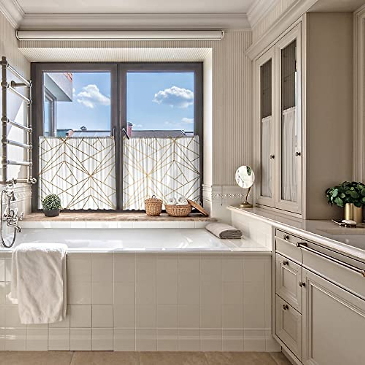 Singingin Chiffon Backdrop Curtain, Gold Yellow Line Geometric Patterned Soft Lightweight Window Drapes Rod Pocket Curtains for Bedroom Living Room Home Office Decor 52 x 45 Inch, 2 Panels