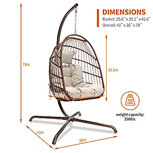 NICESOUL® Egg Chair Indoor Outdoor Patio Wicker Hanging Chair Swing Hammock Egg Shell Chairs UV Resistant Cushions 350lbs Capacity for Patio Backyard Balcony Brown with Cover