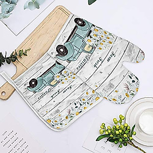 Chic D Kitchen Oven Mitts Gloves and Pot Holders Sets,Truck Farm Fresh Daisies Vintage Heat Resistant Oven Mittens and Potholders Hot Pads Set Non-Slip for Cooking BBQ Baking Grilling