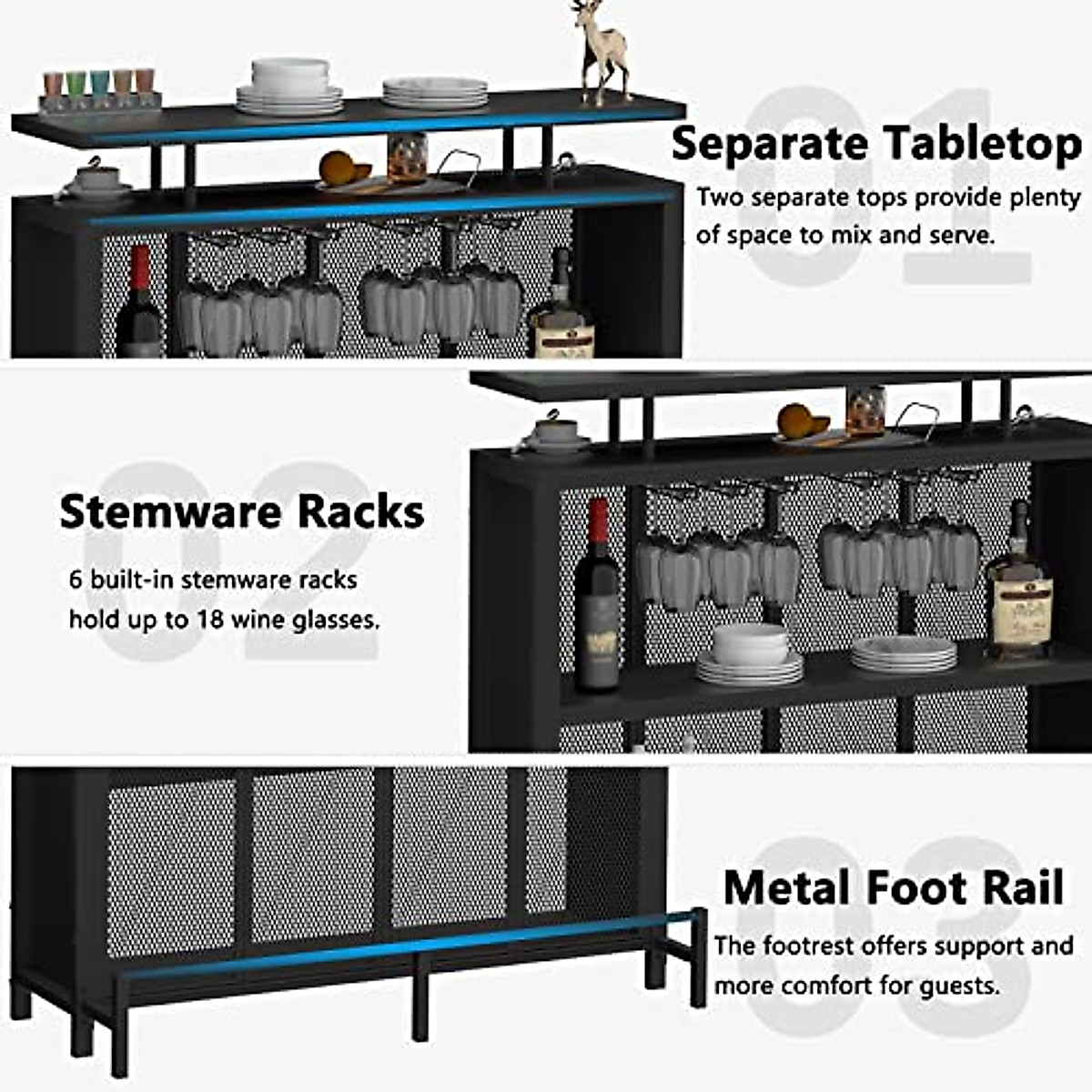 PAKASEPT Home Bar Unit, 3-Tier Liquor Bar Table with Wine Glasses Holder and Storage Shelves and Footrest, Wine Bar Cabinet for Home Kitchen Black