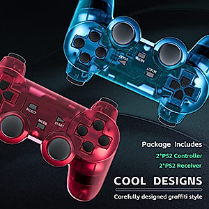 Burcica Wireless Controller for PS2 Play 2 Dual Vibration - ClearBlue and ClearRed