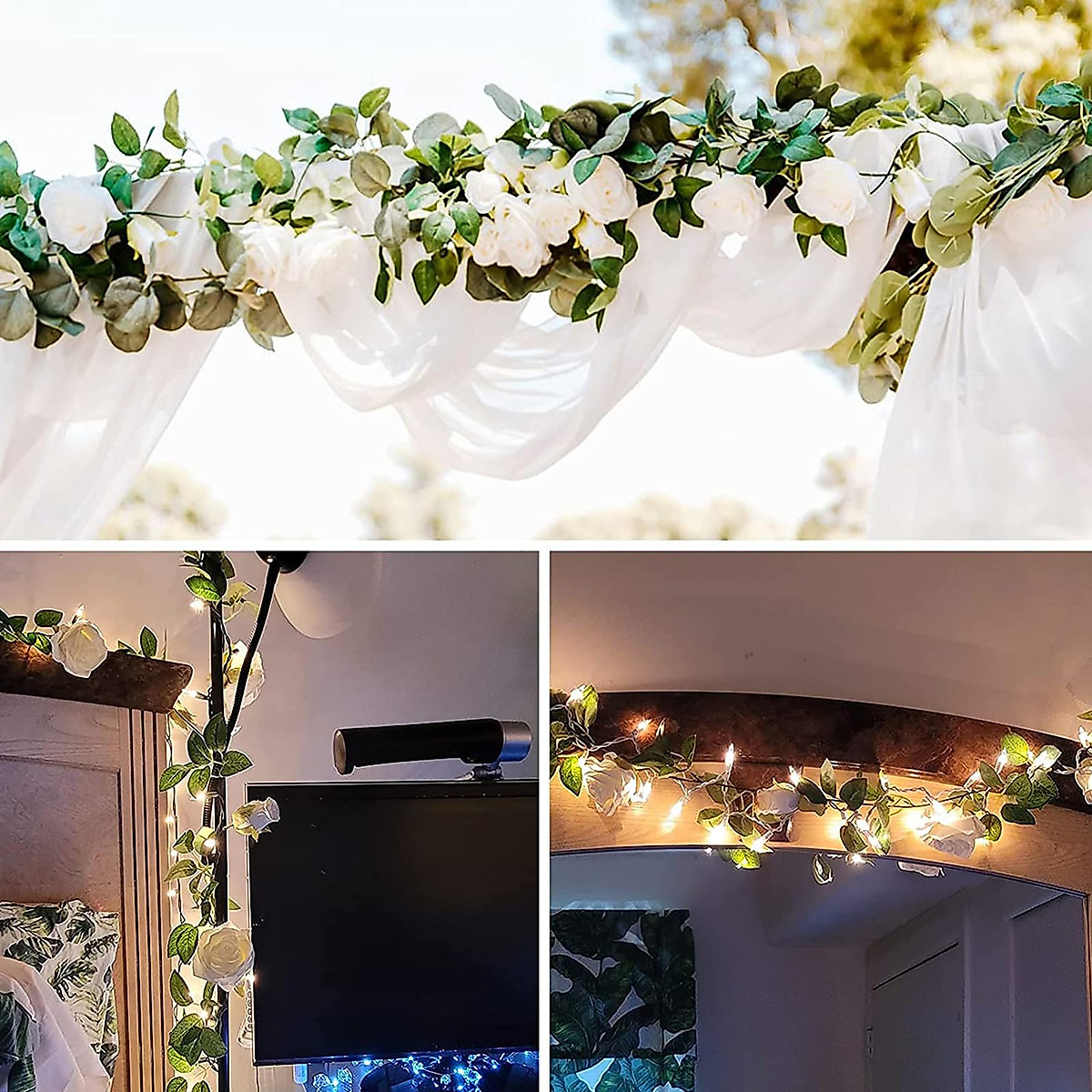 COCOBOO 26.2ft 4pcs White Rose Garland, Artificial Flower Vines, Fake Silk White Rose Garland, Hanging Floral Garland for Wedding Arch Ceremony Home Garden Outdoor Wall Decorations