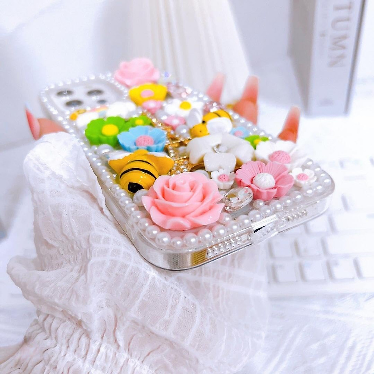 redecarie for Samsung Galaxy S9 Plus Bling Glitter Case,Shiny Diamond Luxury Crystal Rhinestone Cute Bee Rainbow Tower Pearl 3D Handmade Women Girls Protective Cover with Bracelet Lanyard