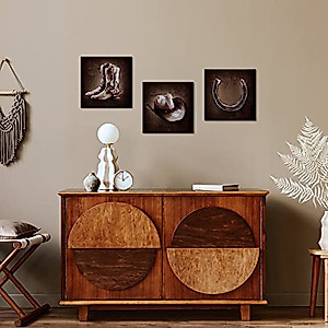 AtGoWac 3 Piece Cowboy Decor Wall Art American Western Wall Decor Cowboy Painting Men's Bedroom Living Room Decor Artwork Framed Ready to Hang 12x12inchx3 Pieces