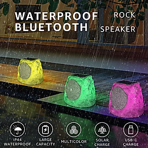 GGNOO Outdoor Speakers Bluetooth Waterproof IP44, Rock Speakers Solar Power and USB Rechargeable Outdoor Bluetooth,Twins Paring System,7 Colour Light Changeable Set for Deck Pool Yard Garden (2 Pack)