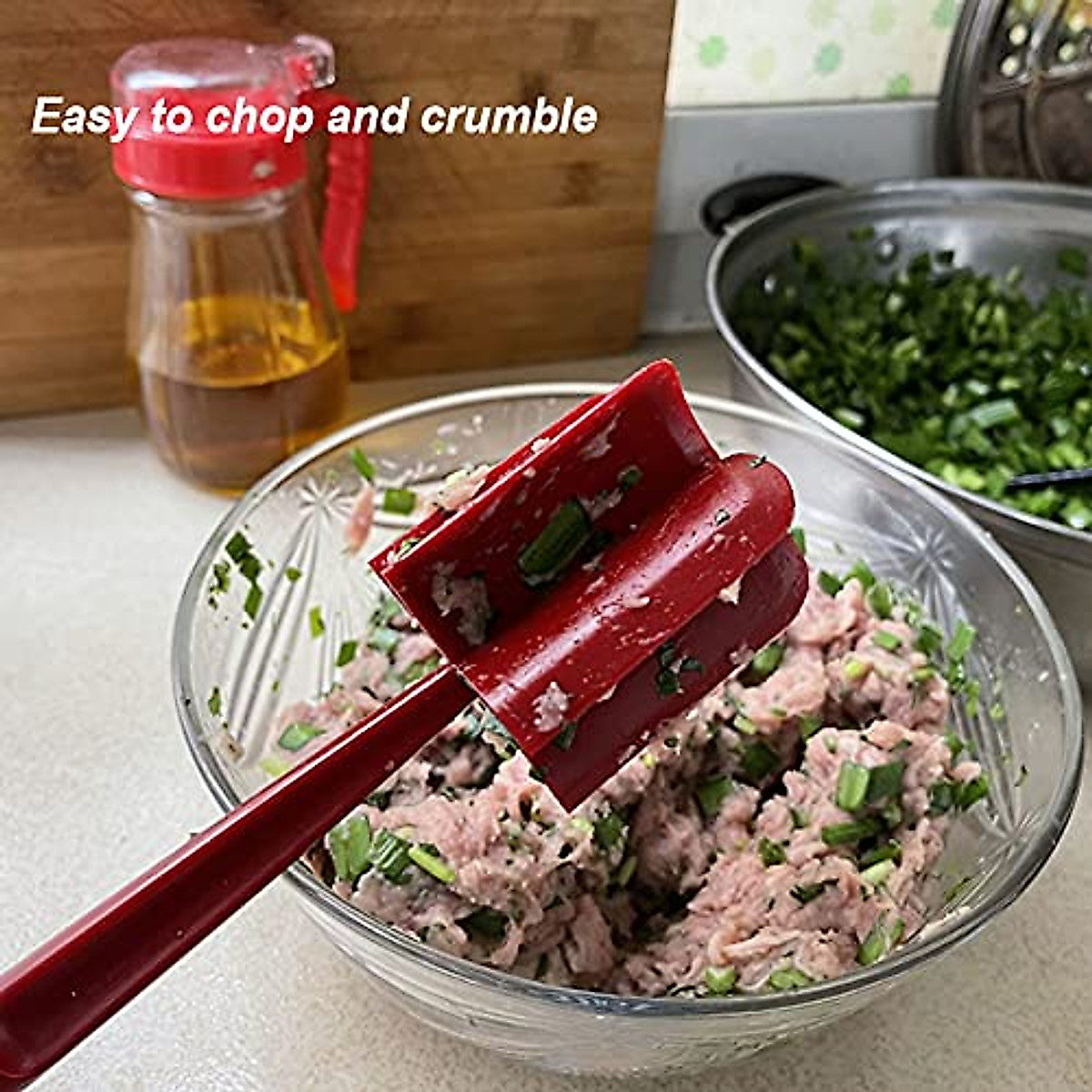 5 Blades Kitchen Ground Meat Chopper Spatula | Hamburger Ground Beef Mix N Chop Tools | for Non-Stick Cookware (Red)