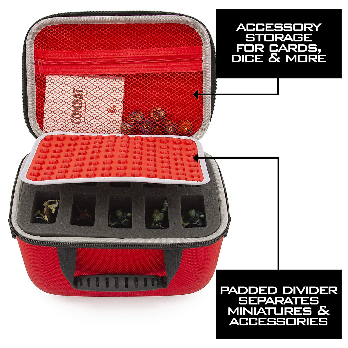 CASEMATIX Miniature Storage Hard Shell Figure Case - 30 Slot Figurine Carrying Case with Adjustable Shoulder Strap and Accessory Storage for Warhammer 40k, DND and More, Red