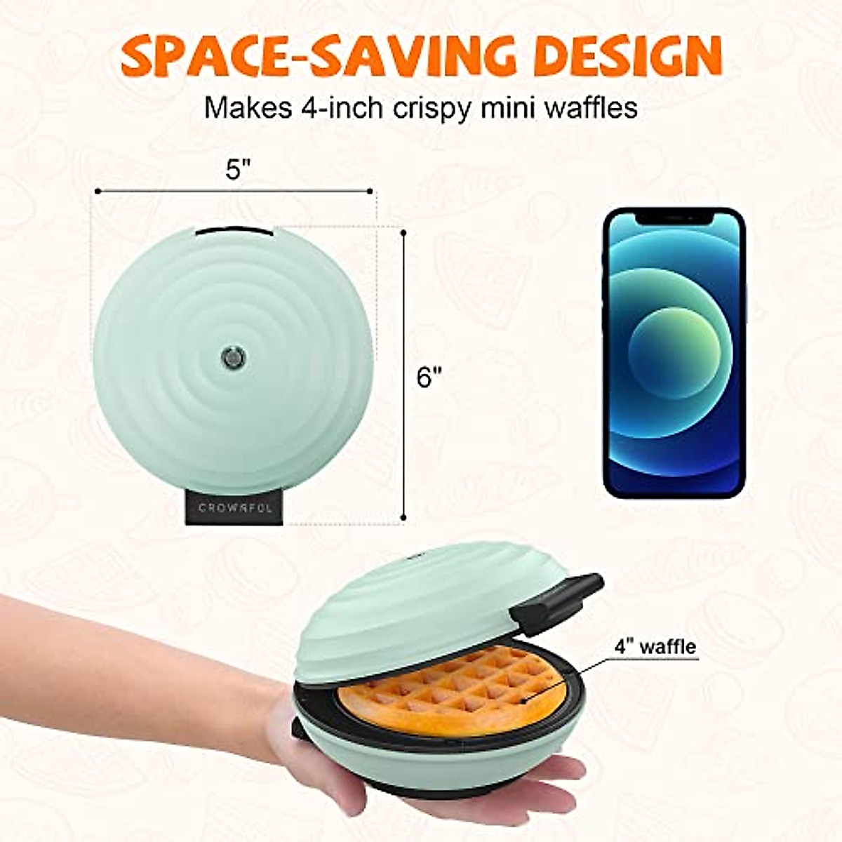 CROWNFUL Mini Waffle Maker Machine, 4 Inch Chaffle Maker with Compact Design, Easy to Clean, Non-Stick Surface, Recipe Guide Included, Perfect for Breakfast, Dessert, Sandwich, or Other Snacks, Green