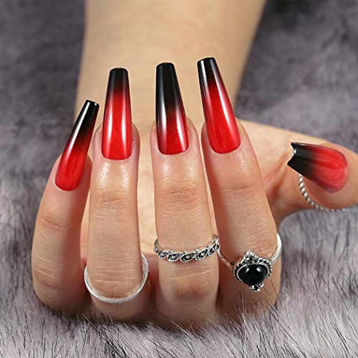 Uranian Coffin Press on Nails Long Black Fake Nails with Designs Ombre Glossy False Nails Full Cover French Tip Nails Halloween Acrylic Nails for Women and Girls (24pcs)