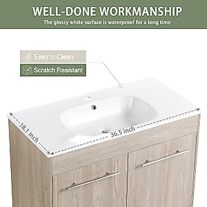 QuixotYDDZ 36" Bathroom Vanity with Sink, Freestanding Bathroom Sink Vanity with White Gel Basin Sink Top, Bathroom Storage Cabinet with 1 Adjustable Shelf for Small Space, White Oak