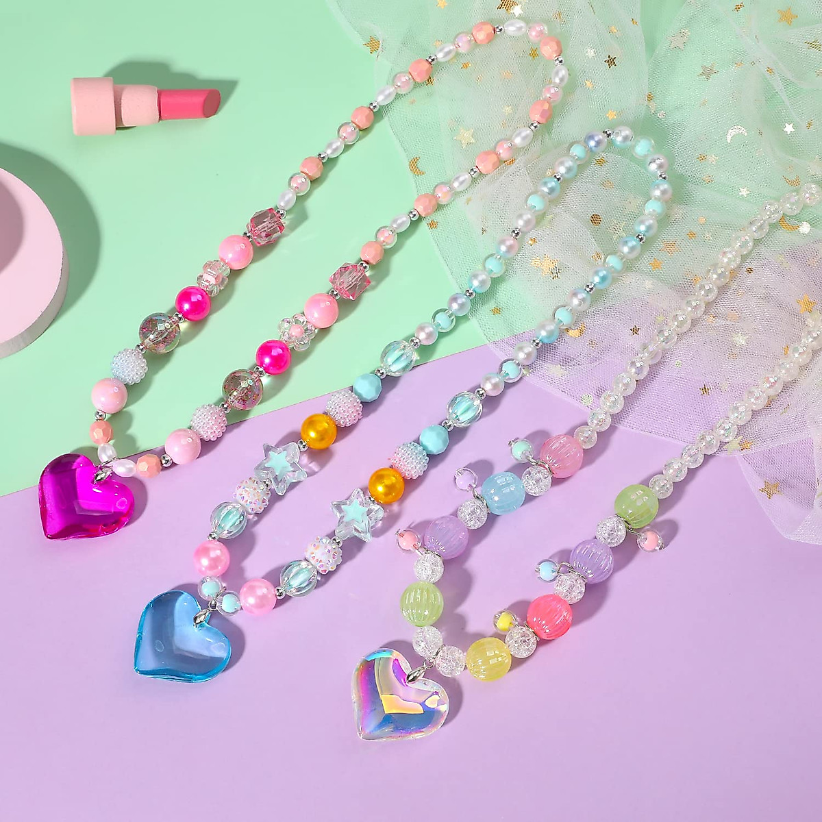 PinkSheep Beads Necklace and Bracelet for Kids, 3 Sets, Little Girls Jewelry Necklace and Bracelet with Heart Pendant, Dress Up Pretend Play Party Favor