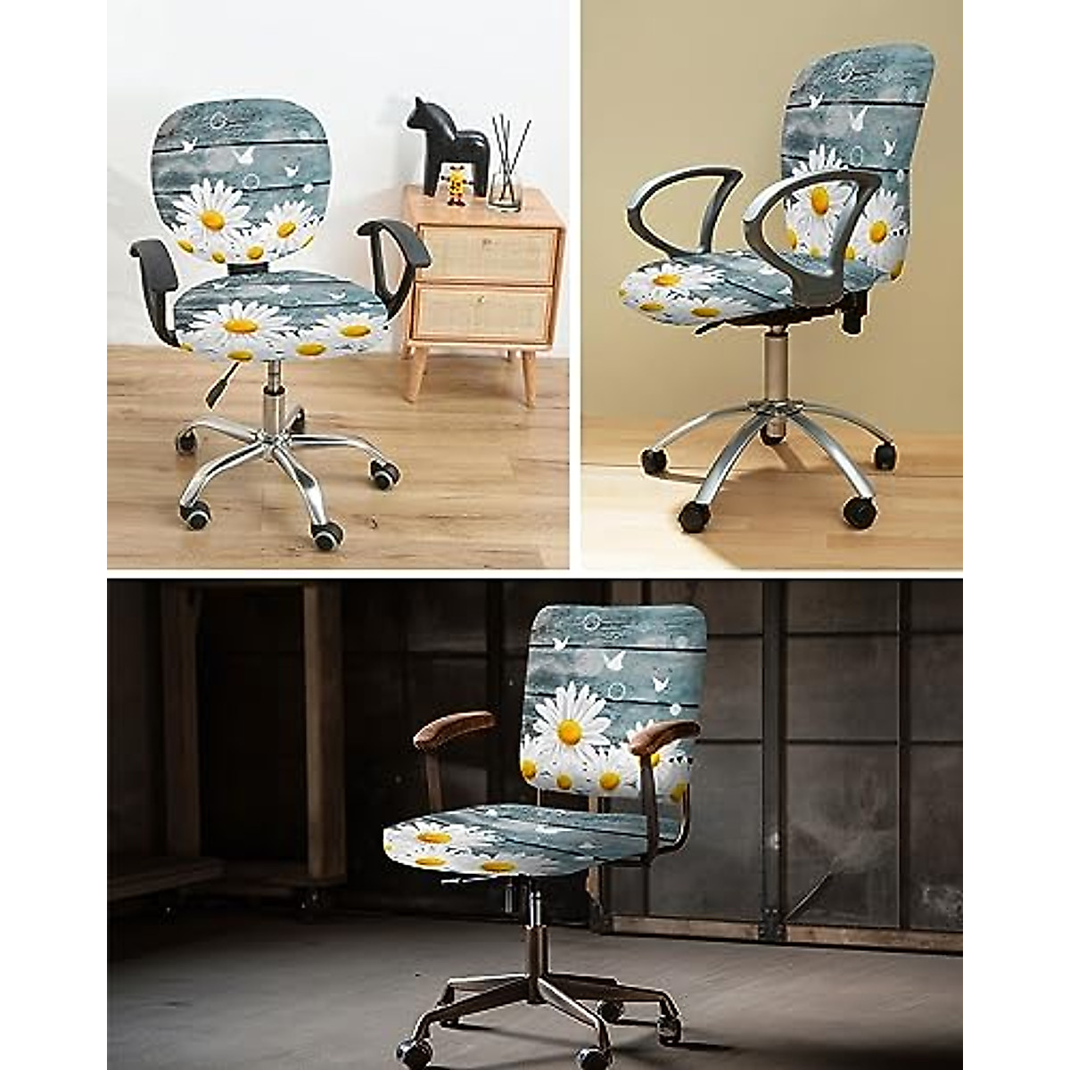 Big buy store Office Chair Cover Summer Daisy Floral Butterfly Protective Stretchable Universal Computer Chair Covers Retro Wooden Board Stretch Rotating Chair Slipcover