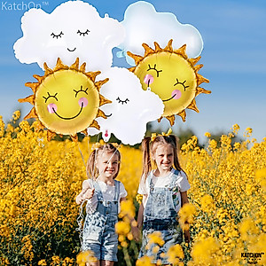 KatchOn, Big Sun and Cloud Balloons Set - 29 Inch, Pack of 5 | Foil Sun Balloons, Sunshine Party Decorations | Sunshine Baby Shower Decorations | Boho Sunshine Balloons for Summer Party Decorations