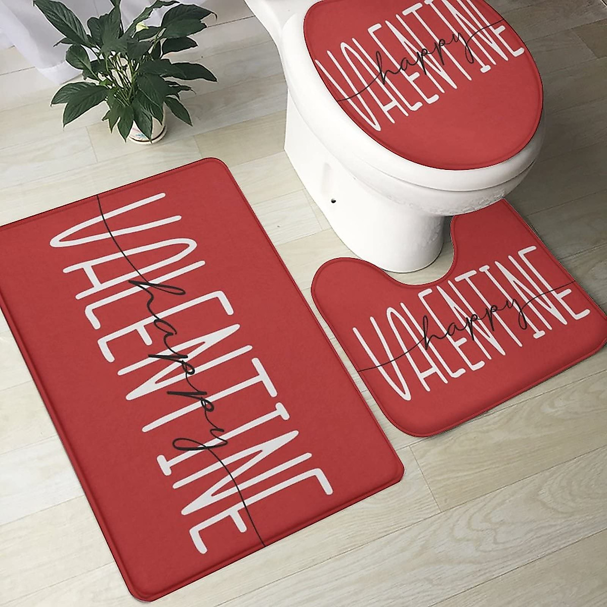 Royalours Valentines Day Kitchen Rugs Set of 3,Valentines Anniversary Wedding Holiday Red Happy Valentine Day Quote Words Decorative Low-Profile Mats for Home Kitchen Bathroom Rug