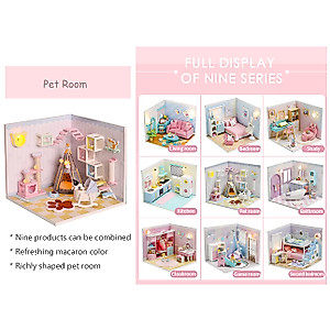 Kisoy Dollhouse Miniature with Furniture Kit, DIY 3D Wooden DIY House Kit A Corner of a Small Apartment Style with Dust Cover & LED,Handmade Tiny House Toys for Kids Adults Gift (Pet Room)