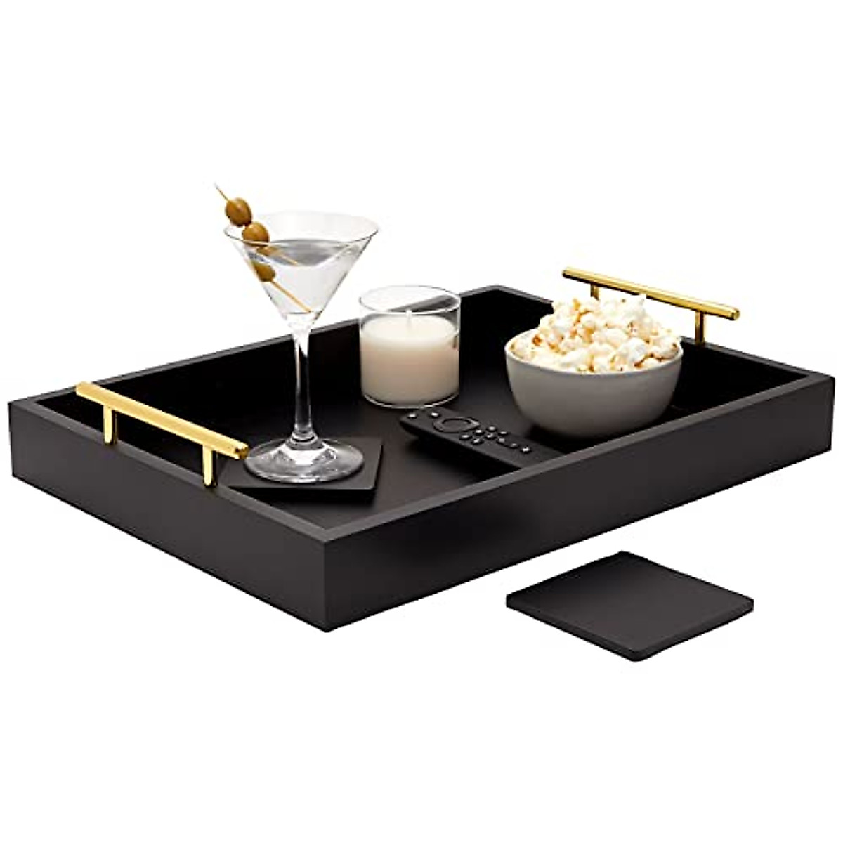 Black Serving Tray for Coffee Table, 16x12 with Coasters, Decorative Interchangeable Gold andSilver Handles