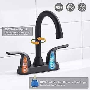 Two Handle Matte Black bathroom faucet, Swivel Spout with Pop-up Drain Assembly | High Arc , with Water Supply Hoses I Easy to Install, Durable & Safety