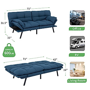MUUEGM Futon Sofa Bed,couch bed,Memory Foam Futon Sofa,Convertible Sofa Bed for Compact Living Spaces,Apartment,Office,Sleeper Sofa,71"*33"*31.5",Blue Fabric