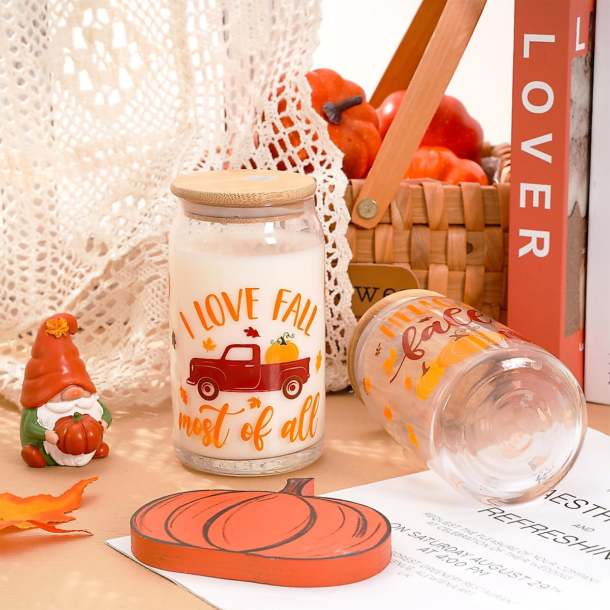 Whaline Hello Fall Drinking Glasses 16oz Fall Harvest Glass Cup Pumpkin Car Iced Coffee Cup with Bamboo Lid Glass Straw Cleaning Brush Gift for Autumn Thanksgiving Cocktail Whiskey Beer Soda, 2Pcs