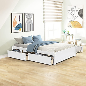 Rophefx Full Size Platform Bed with Trundle and 2 Drawers, Solid Wood Full Kids Beds with Twin Size Trundle, White