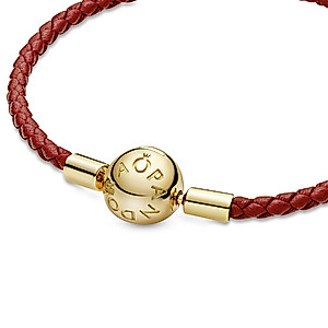 PANDORA Moments Woven Leather Bracelet with 18k Gold-Plated Clasp - Compatible Moments Charms - Charm Bracelet for Women - Features Shine & Leather - Gift for Her - Red, 7.5"