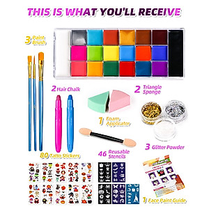 Fantastory Face Paint Kit 158pcs - 20 Colors with Glitters, Stencils, Hair Chalks, Tattoo Stickers, Brushes, Sponges & Guide - Professional Water-Based Body & Face Paint for Halloween, Suitable
