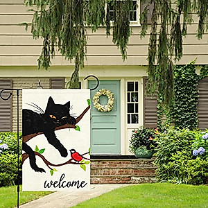 Welcome Spring Garden Flag 12x18 Double Sided, Burlap Small Black Cat Garden Yard Flags for Seasonal Outside Outdoor House Decoration (Only Flag)