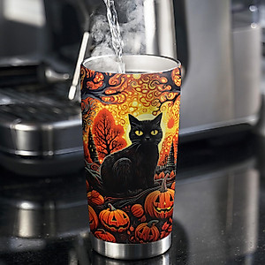 ORCAE 20oz Halloween Pumpkin Ghost Black Cat, Gifts for Cat Lovers, Halloween, Trick or Treat Gifts, Coffee Thermos, Stainless Steel Double Wall Vacuum Insulated Coffee Mug, Travel Cup with Lid - O