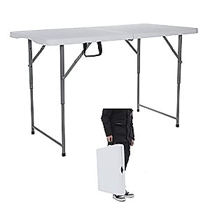Lakhow 122CZ Folding Tables Camping Table 4FT Adjustable Height（ 49/61/74CM） Portable Dining Table Party,Height Adjustable Craft Camping and Utility Folding Table,White Granite