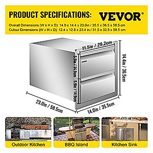 VBENLEM 14W x 14.5H x 23D Inch Flush Mount Stainless Steel Double Drawers with Recessed Handles for Outdoor Kitchens or BBQ Island